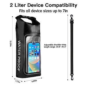 HUGSEE 2L Waterproof Dry Bag Backpack with Integrated Clear Phone Pouch for Outdoor Activities, Black