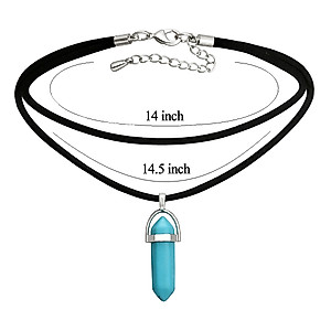 Aobei Pearl 5PCS Hexagonal Gemstone Pointed Reiki Chakra Pendant Necklace Genuine Leather Choker for Women 14''