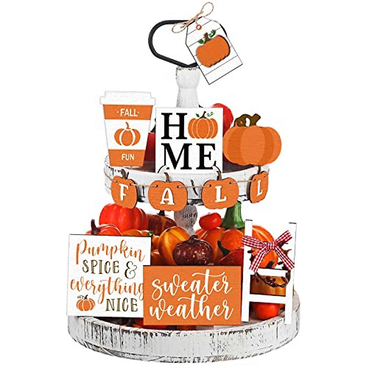 Two Tiered Tray with 11 Pcs Wooden Signs, Farmhouse Tiered Tray Decor Set Rustic Wood Home Kitchen Table Stand Decor Decorative Table Shelf Centerpiece(Autumn Style)