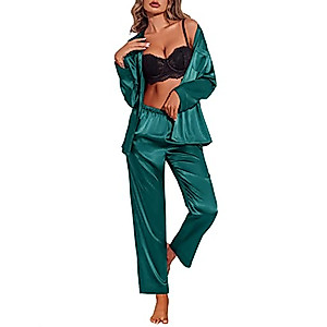 Ekouaer Womens Silk Pjs Long Sleeve Sleepwear Satin Pajamas Top and Pants Set Two Piece Sleep Set Dark Green