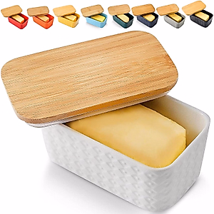 Hasense Large Butter Dish with Lid for Countertop - Farmhouse Ceramic Butter Container Holder with Cover for Fridge,Silicone Sealing,White Embossed Pattern,Holds Two Sticks of Butter