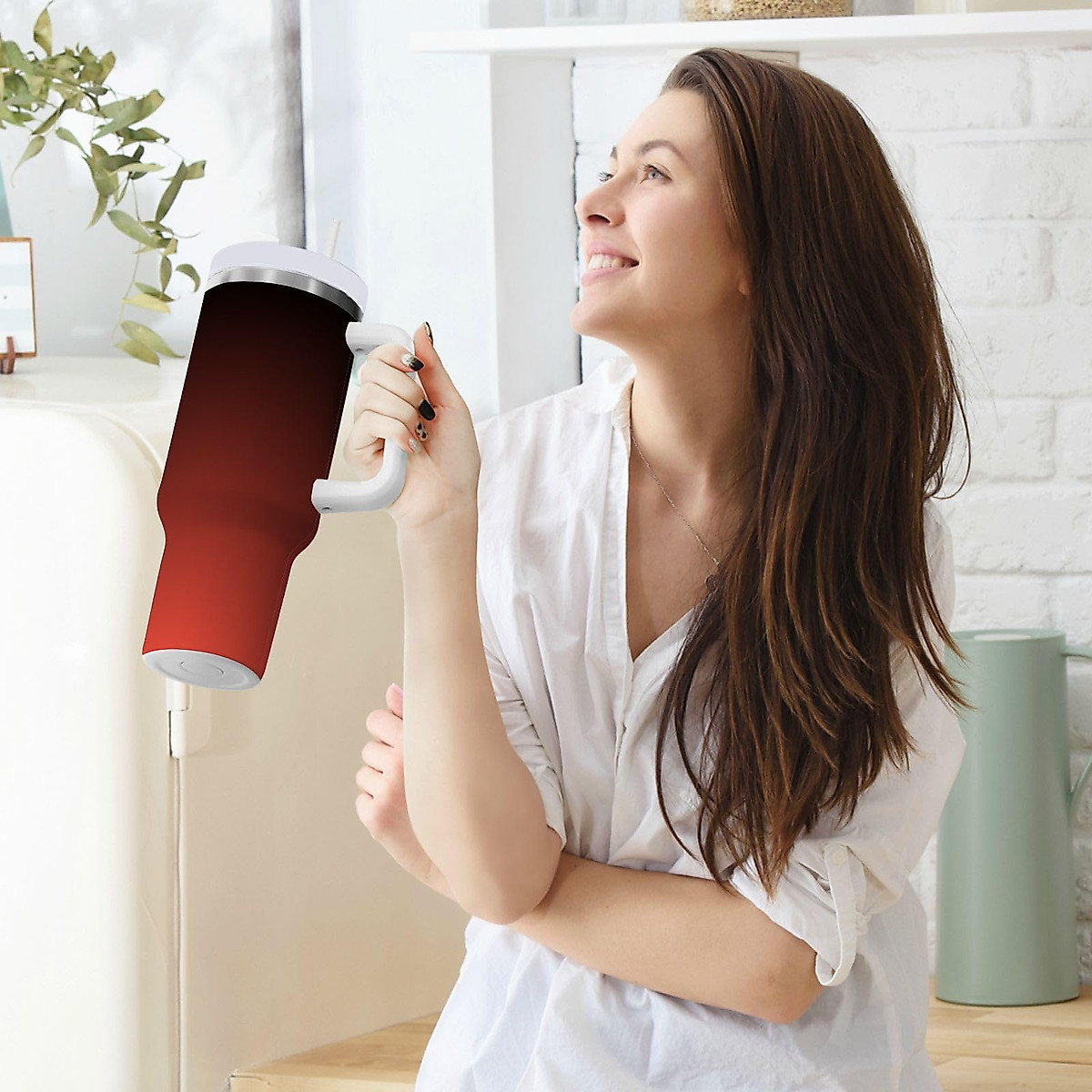 MCHIVER Black Red Gradient 30 oz Tumbler with Handle and Straw Stainless Steel Vacuum Water Bottle Leak-proof Travel Coffee Mug Insulated Cup for Car Office Home