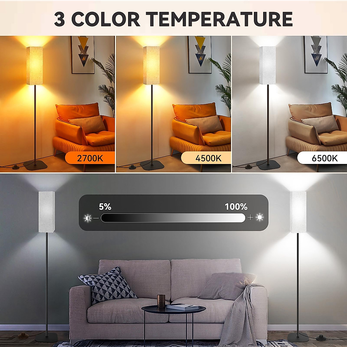 ATAEFR Floor Lamps for Living Room Bedroom, Modern Standing Lamp with Remote Control, Dimmable 3 Color Temperatures, 67" Tall lamp for Reading Office, 12W LED Bulb