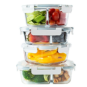 Orii 4 Pack Glass Meal Prep Containers with Lids, 2 or 3 Compartments for Food Storage, BPA-Free, Leak Proof & Airtight (Charcoal Gray Handles)