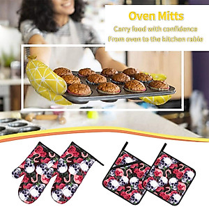 LAKIMCT Flamingo Red Rose Skull Oven Mitts and Pot Holders Sets Non-Slip Potholders Heat Resistant Oven Gloves for Kitchen Baking Cooking BBQ, 4-Piece Set