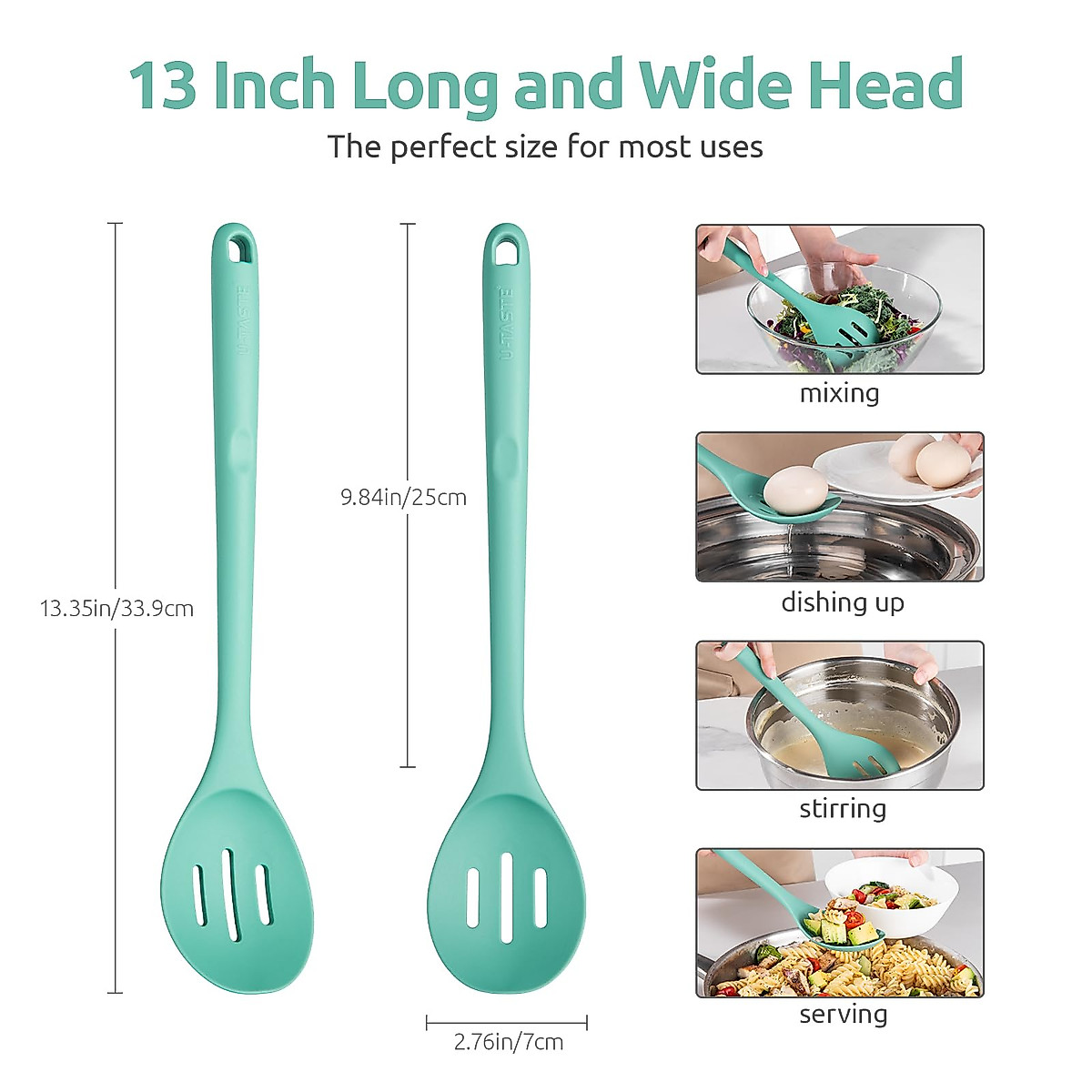 13.3" Slotted Cooking Spoon: U-Taste 600ºF Heat Resistant Kitchen Mixing Spoon, Food Grade Nonstick Long and Large Rubber Soup Utensil for Serving, Stirring, Basting, for Pot Cookware (Aqua Sky)