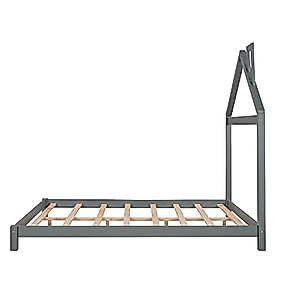 Oudiec Full Size Wood Platform Bed with House-Shaped Headboard,Wooden Bedframe for Boys/Girls/Teens/Kids Bedroom, No Box Spring Required, Gray