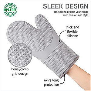 COOK WITH COLOR Silicone Oven Mitts- Heat Resistant Gloves with Soft Quilted Lining Set of 2 Oven Mitt Pot Holders for Cooking and BBQ (Gray)