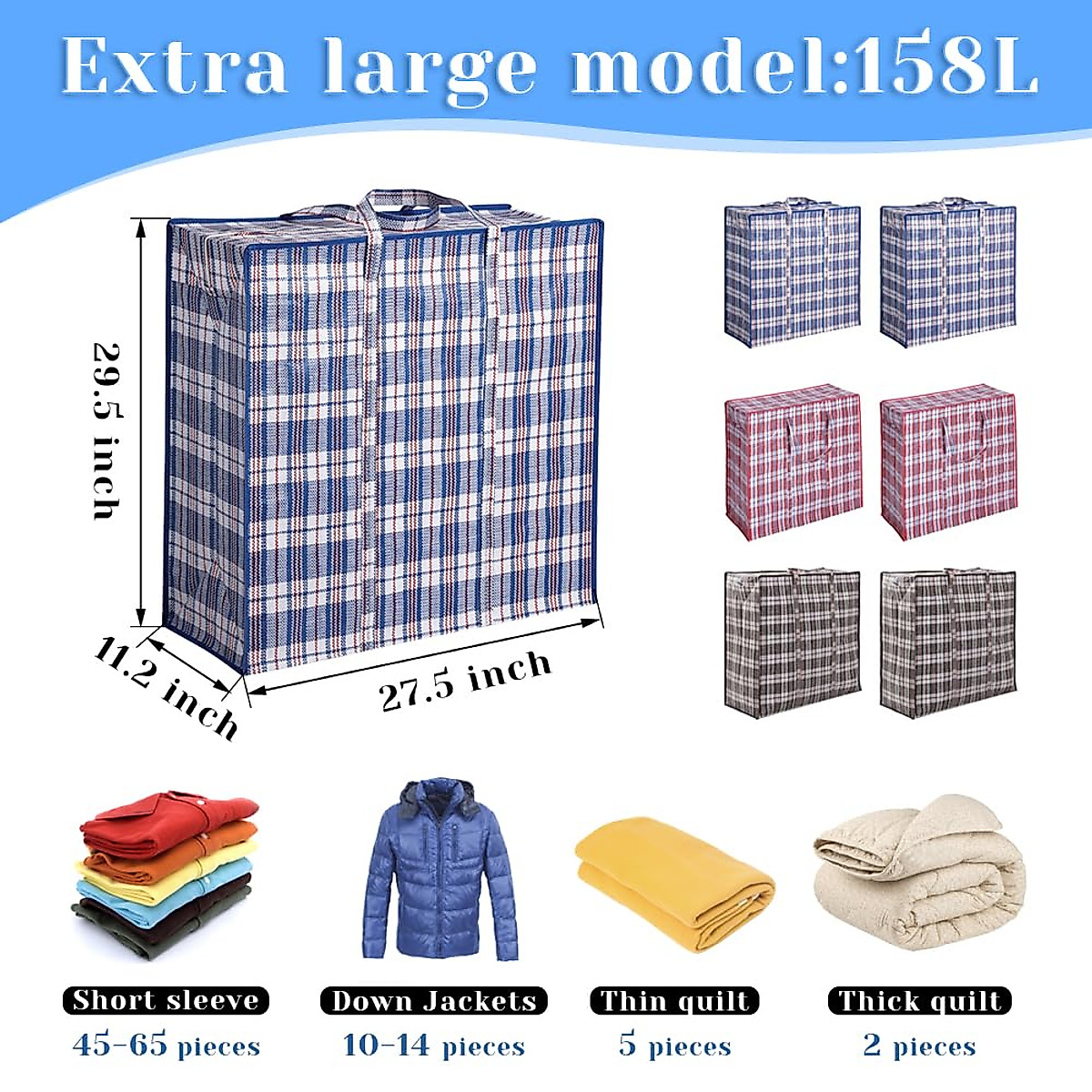 NDSWKR 6 Pack 158L Checkered Moving Bag, Heavy Duty Storage Totes with Zipper and Handle, Extra Large Laundry Bag for Clothes Bedding Comforter Blanket Organizer Dorm