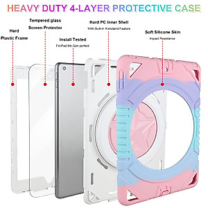 for 9th 8th 7th Generation Case with Screen Protector 360 Rotating Stand/Handle, 10.2 Case with Shoulder Strap Pencil Holder for Kids Hard Stars Cover for 10.2'' (2021/2020/2019)-Pink