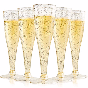 FOCUSLINE 100 Pack Plastic Champagne Flutes, 4.5 Oz Gold Glitter Plastic Champagne Glasses, Disposable Clear Toasting Glasses Recyclable Plastic Champagne Cups for Wedding Party