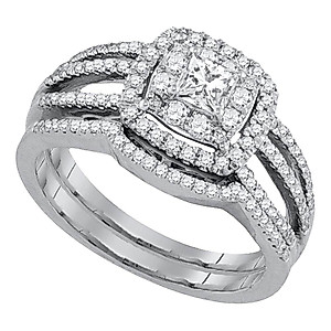 Size - 8 - Solid 14k White Gold Princess Cut Round White Diamond Bridal Square Shape Solitaire Halo Engagement Ring with Curved Matching Wedding Band (1/4 cttw)