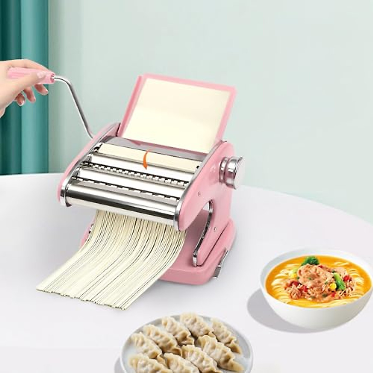 Pasta Maker Machine, Stainless Steel Manual with 6 Adjustable Thickness Settings for Home/Small Restaurants & Outdoor Camping (Pink)