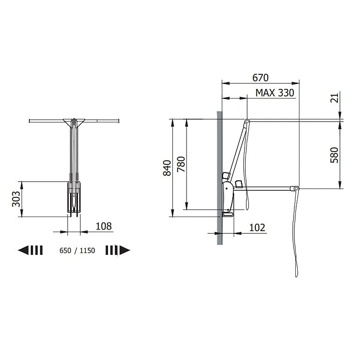 Servetto ClosetPro Central Wall-Mounted Soft-Close Wardrobe Lift Expanding Steel Tubing with Black Plastic Housing, 22 lb Weight rating (For 25 9/16" - 45 1/4"), Made in Italy