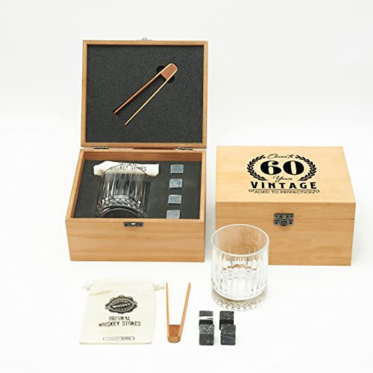 Hediye Sepeti Whiskey Gift Set, 100% Lead-Free Crystal Glass, Luxury Whiskey Stone Set, Wood Box, Great for Whiskey, Bourbon and Liquor, Birthday, House Warming and Retirement Gifts 1Glass (60th)