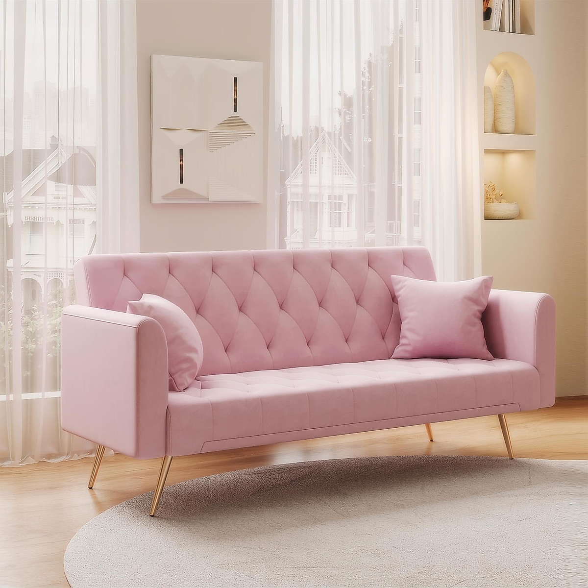Modern Velvet Sofa Bed Futon with 2 Pillows,2-in 1 Convertible Sleeper Couch Bed,Folding Recliner Loveseat with Golden Metal Legs for Living Room Apartment Office (Pink) (Light Pink)