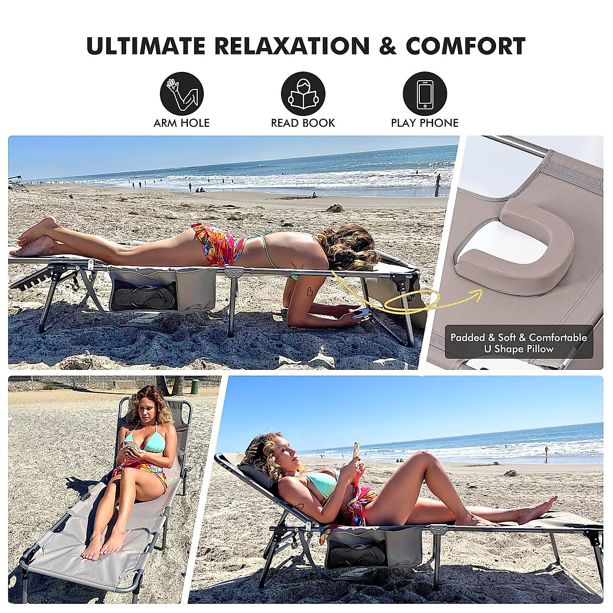3 In 1 Women Comfy Tanning Chair with Mattress Face Hole, Heavy Duty Folding Chaise Lounge Chair with Pad Cushion 5 Position for Outside Sunbathing Reading Patio Beach Poolside Lawn Camping, 300 LBS