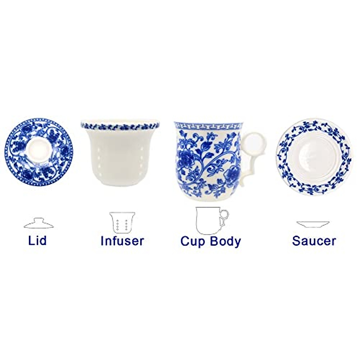 Tea Talent Porcelain Tea Cup with Infuser Lid and Saucer Sets - Chinese Jingdezhen Ceramics Coffee Mug Teacup Loose Leaf Tea Brewing System for Home Office