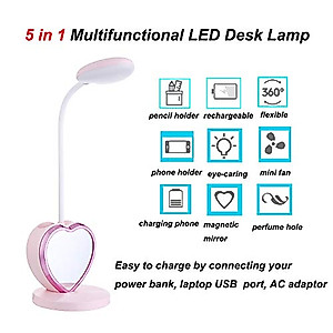 Hallocool Pink Desk Lamp for Girls Bedroom Cute Desk Lamp 6 in 1 Eye-Caring Study Table Lamp for Kids Girls Women College Dorm Bedroom Reading,Stepless Dimming