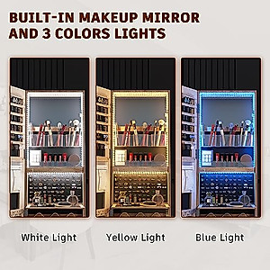 FOMNEY 360° Swivel Jewelry Armoire with Mirror, 63" H Full Length Mirror with Storage, Standing Mirror Jewelry Cabinet has LED Lights, Standing Jewelry Organizer/Makeup Shelf for Bedroom (Wood)