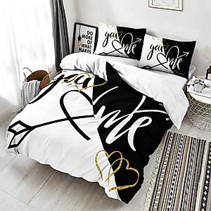AILONEN Couple You and Me Duvet Cover Set Queen Size,3 Pieces Black and White Comforter Cover Set,Love Hearts Print Quilt Cover with 2 Pillowcases
