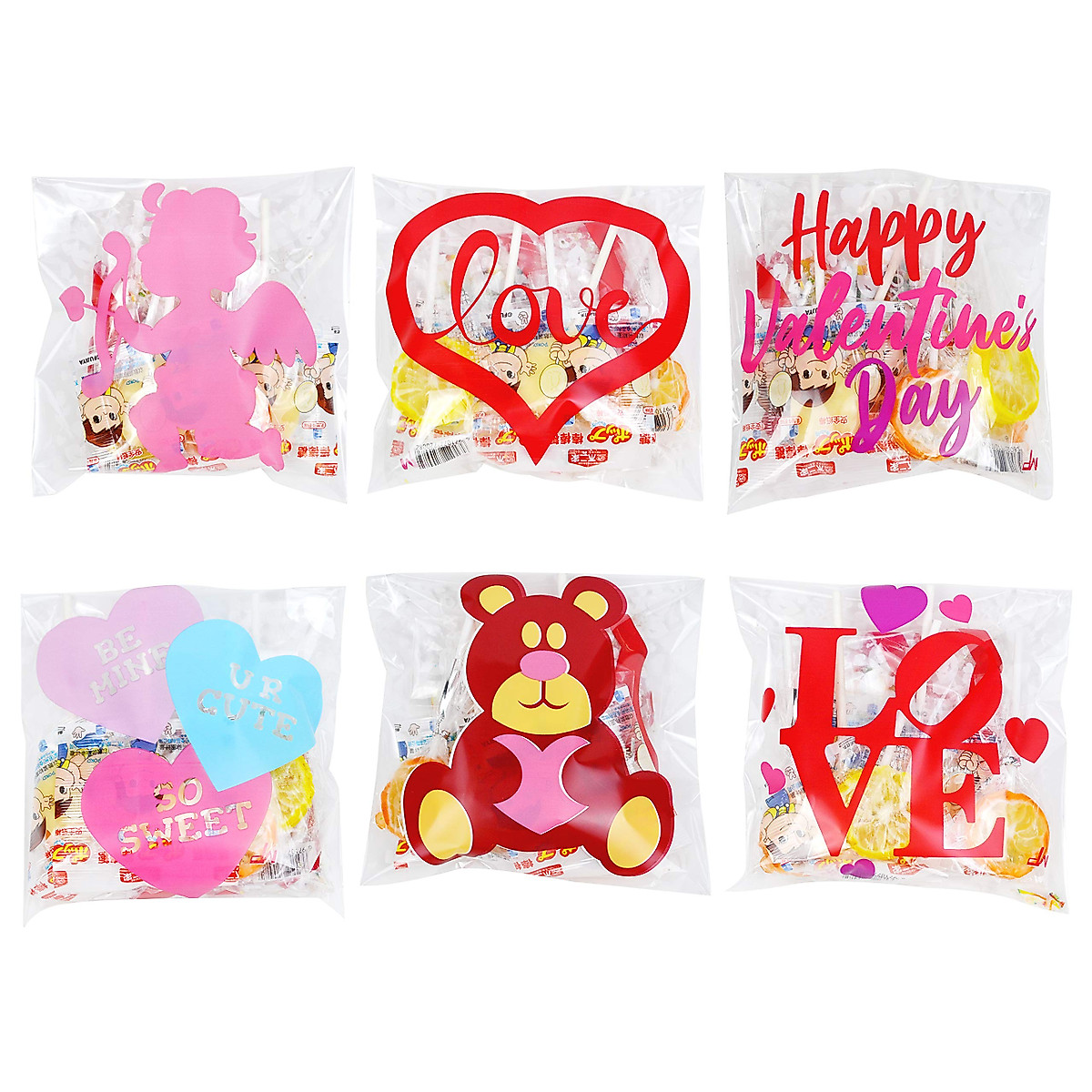 JOYIN 150 Pcs Valentine Cellophane Gift Bags Square Cellophane Candy Bags Valentine Goodies Bags in 6 Designs for Kids Valentine's Day Party Favor Supplies
