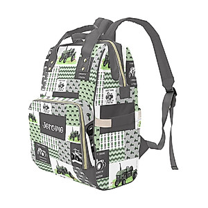 Urcustom Personalized Name Diaper Bag Backpack Retro Car Tractor Patchwork Green Multifunction Travel Backpack Nappy Bag Daypack for Mom Dad Boy Girl 10.83" L * 6.69"W * 15"H