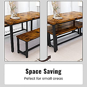 Recaceik 47" Dining Room Table Set with 2 Benches, Kitchen Dining Table Set for 4 Persons, Space Saving Kitchen Table and Chair Set for Dining Room, Small Space, Breakfast Nook(Brown)