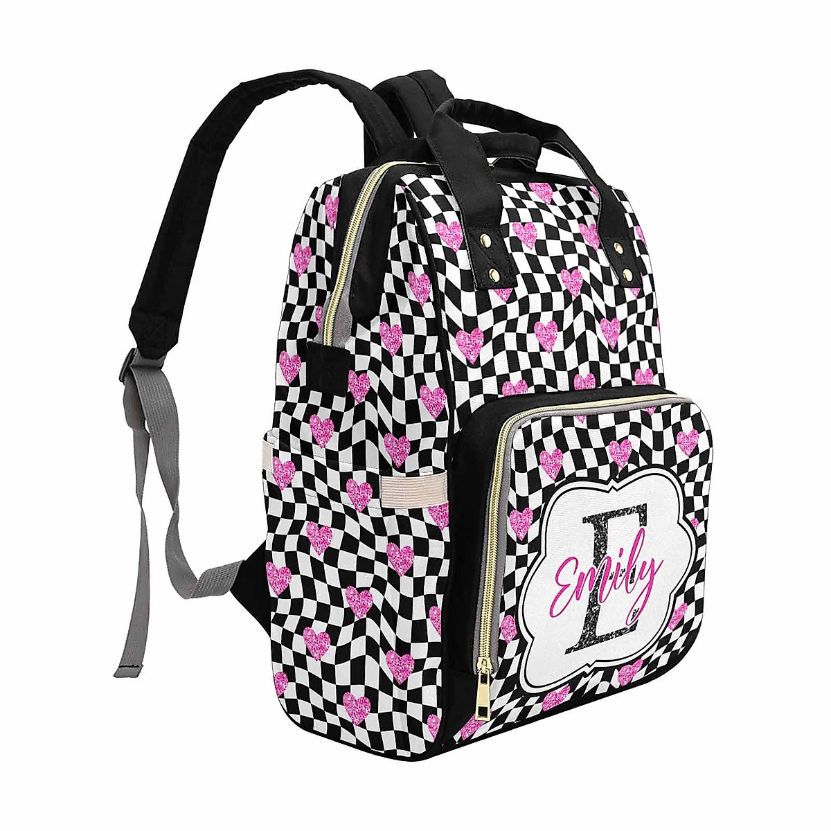M YESCUSTOM Custom Pink Love Heart Diaper Bag Backpack with Name Letter Personalized Plaid Mommy Backpack for Women Travel Holiday Gift for Wife
