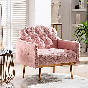 JOYBASE Mid Century Modern Accent Chair, Wood and Steel Armchair, Comfy Reading Chair, Arm Chair for Living Room, Bedroom (Pink, Faux Fur)