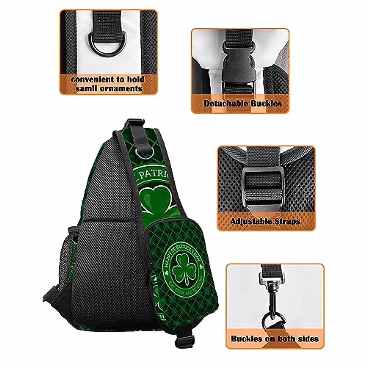 Sling Backpack, St Patrick Day Shamrock Green Checker Plaid Waterproof Lightweight Small Sling Bag, Travel Chest Bag Crossbody Shoulder Bag Hiking Daypack for Women Men