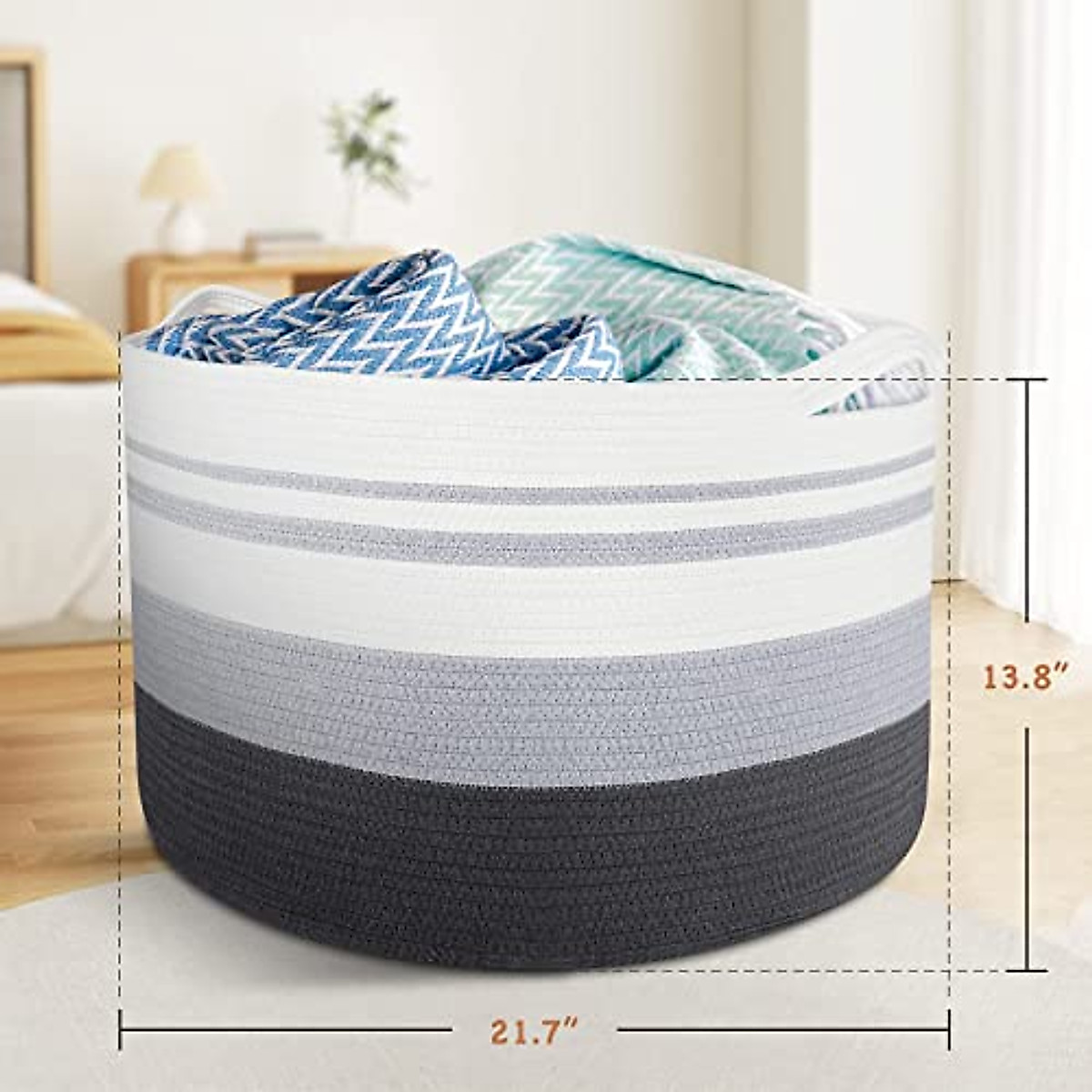 WISELIFE Storage Basket Large Cotton Rope Basket 21.7"x 21.7" x 13.8" Baby Laundry Basket with Handle Big Basket Soft Nursery Cube Bin Durable Laundry Hamper for Living Room(Gradient Grey)