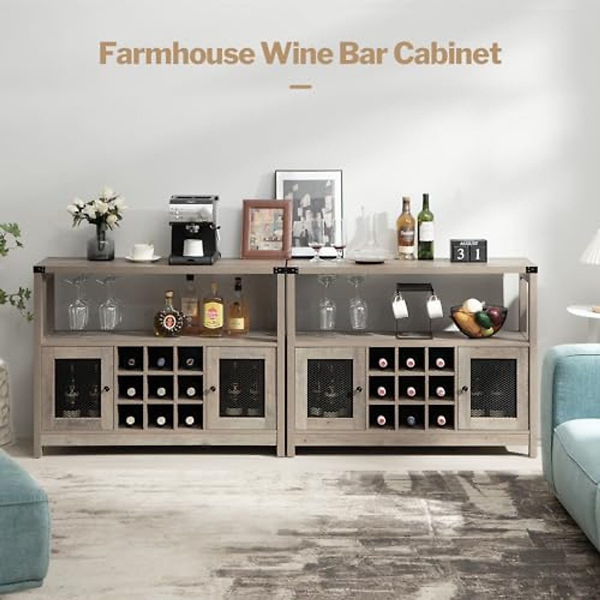 SICOTAS Coffee Bar Cabinet with Storage - Farmhouse Sideboard Buffet Cabinet Wine Cabinet with Wine Rack, Boho Liquor Cabinet for Home, Kitchen Cabinet with Mesh Doors for Dining Room, Oak