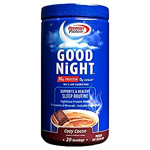 Premier Protein Good Night Protein Powder, Hot Cocoa Mix, 10g Protein, 0g Sugar, 11 Vitamins & Minerals, Nighttime Protein Blend, Magnesium, Zinc, 20 Serve, 1 Tub
