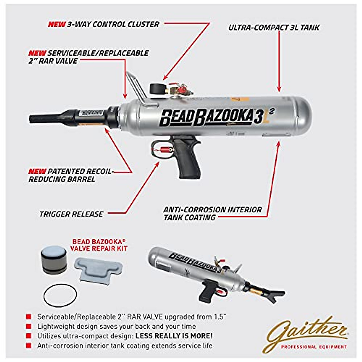 Gaither Handheld Bead Bazooka - 2nd Generation, Bead Seater Tool with Rapid Air Release, for Passenger, Commercial, and Agricultural Vehicles, 10 Liter