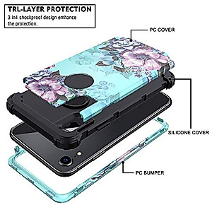 Casetego Compatible with iPhone XR Case,Floral Three Layer Heavy Duty Hybrid Sturdy Shockproof Full Body Protective Cover Case for Apple iPhone XR 6.1 inch,Blue Flower