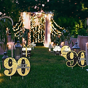 Happy 90th Birthday Yard Signs Set of 8, Black Gold 90th Birthday Decorations for Men, 90 Birthday Lawn Signs with Stakes and Outdoor Lawn Decorations