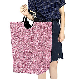 xigua Pink Glitter Texture Laundry Basket Large Laundry Hamper Foldable Dirty Clothes Toys Organizer Bag with Handles for Bathroom,Bedroom,College Dorm,Kids Room