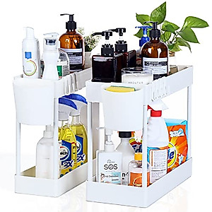 SageCapri 2 Pack Under Sink Organizer, 2 Tier Under Kitchen Bathroom Sink Storage with Hooks & Haning Cups, Multi-Purpose Cabinet Organization Basket Storage Shelf for Restroom Bedroom Living room, White