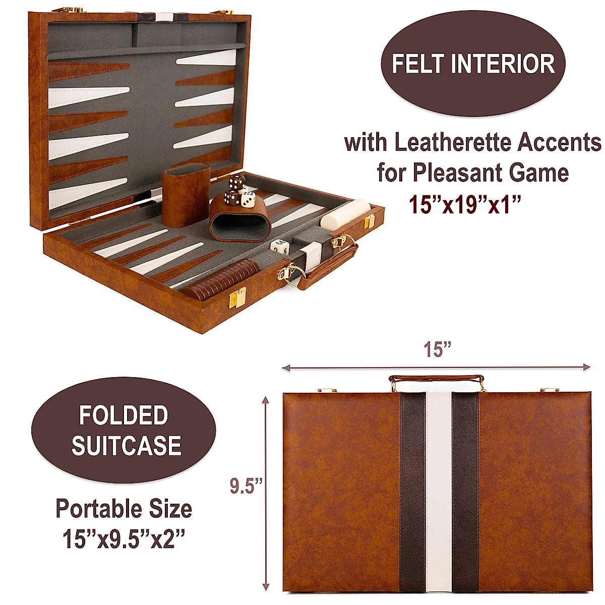 Backgammon Set - 15 Inch Classic Backgammon Board Game Sets Handheld - Backgammon Sets for Adults and Kids - Brown Faux Leather Case - Instruction