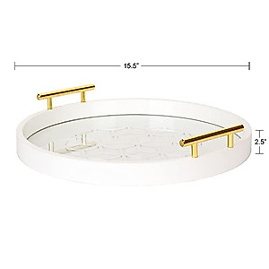 Kate and Laurel Caspen Round Cut Out Pattern Decorative Tray with Gold Metal Handles, White