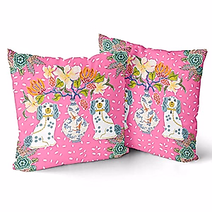 Chinoiserie Style Throw Pillow Covers 18x18 Set of 2 Dog Pillow Covers, Pink Pillow Covers Animal Cushion Cover for Couch Sofa Home Decor Cushion Covers Outdoor Decor