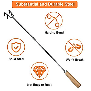 Steel Fire Pit Poker Stick 33 Inch, Pletpet Black Fire Poker for Fire Pit with Wooden Handle and 4 Tips Removable Camping Fireplace Tool