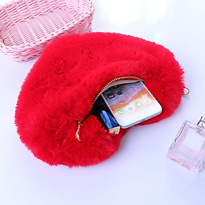 Heart Bag Cellphone Purse Plush Heart Shaped Crossbody Bag with Chain Cute Fluffy Shoulder Bag for Women Ladies- Red Heart Purse