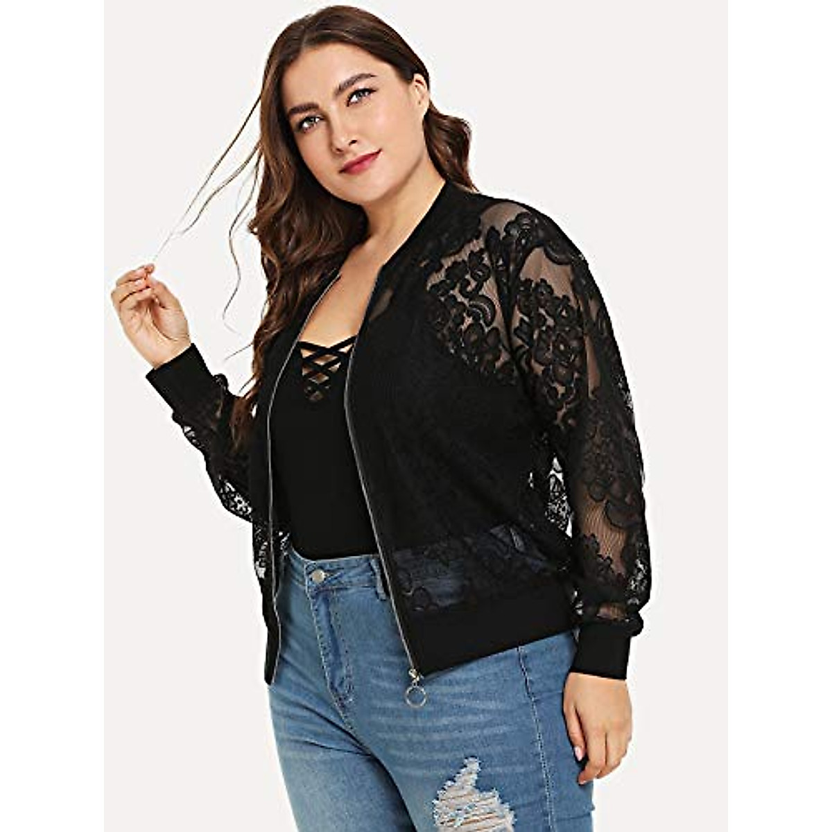 Floerns Women's Plus Size Sheer Floral Lace Long Sleeve Baseball Jacket Black 2XL