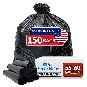 Reli. Easy Grab Trash Bags, 55-60 Gallon (150 Count), Made in USA | Star Seal Super High Density Rolls (Heavy Duty Can Liners, Garbage Bags, Bulk Contractor Bags 50, 55, 60 Gallon Capacity) - Black