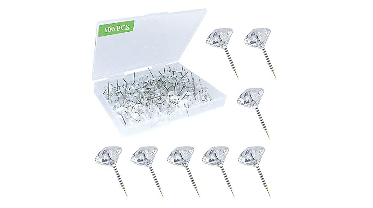 100Pcs Clear Diamond Push Pins for Cork Boards & Decor