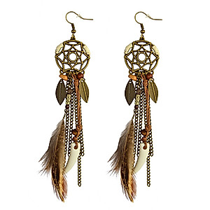 Punk Vintage Long Tassel Feather Beads Drop Wolf Tooth Pendant Earring Fish Hook Earrings (Brown A)