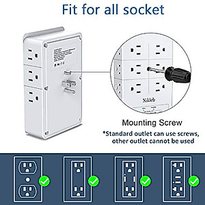 Multi Plug Outlet Surge Protector Nikleb, 12 Electrical Outlet Extender 3 Sided, Wall Outlet with 4 USB Charging Ports Total 4.8A, Plug Adapter 3 Prong, Charging Station Block Wall Mount Low Profile