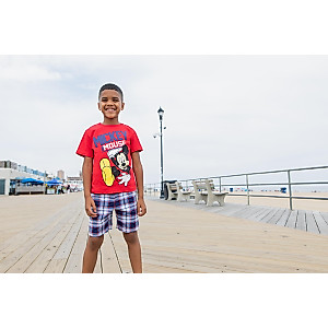 Disney Toddler Boys' Mickey Mouse Plaid Short Set with T-Shirt, Red, 3T